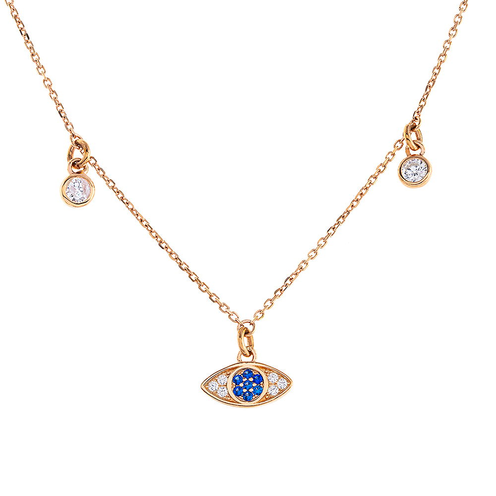 Κολιέ Emotion ασημένιο ροζ χρυσό με μάτι και λευκά και μπλε ζιργκόν ...